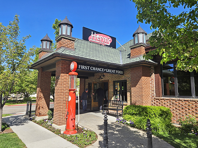 Herm's Inn's classic brick facade whispers promises of fluffy pancakes and perfectly crispy bacon inside. 