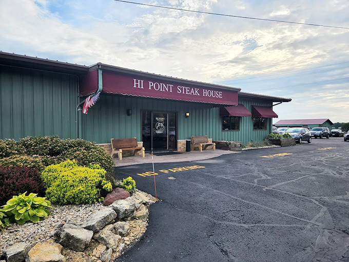 Hi Point Steakhouse doesn't need fancy frills - that burgundy awning is like a red carpet for your taste buds.