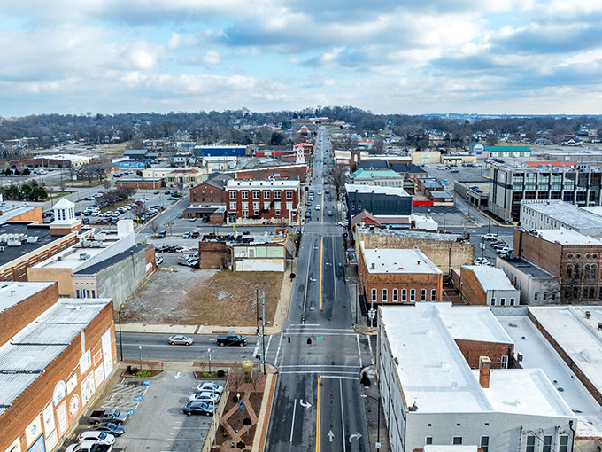 Hopkinsville's aerial view reveals a compact, navigable city where transportation costs stay as low as the rolling hills.