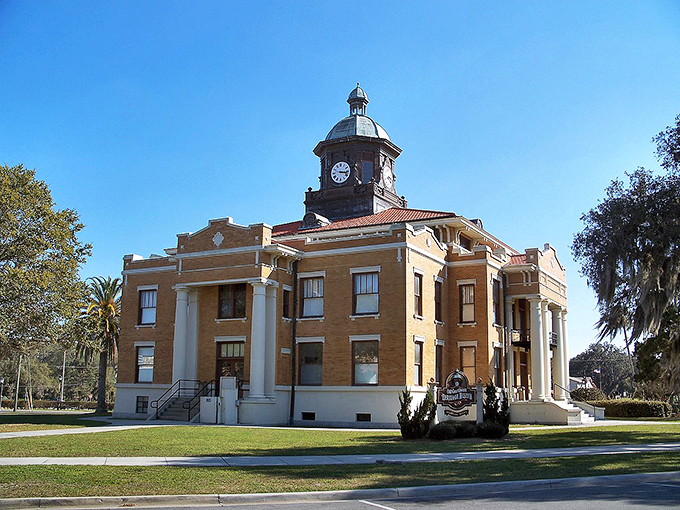 The historic courthouse stands like a proud grandfather telling stories of old Florida through its stately columns.