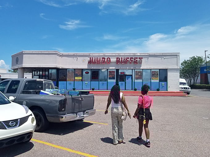 Jumbo Buffet's blue and white facade stands ready to deliver on the promise of its name.