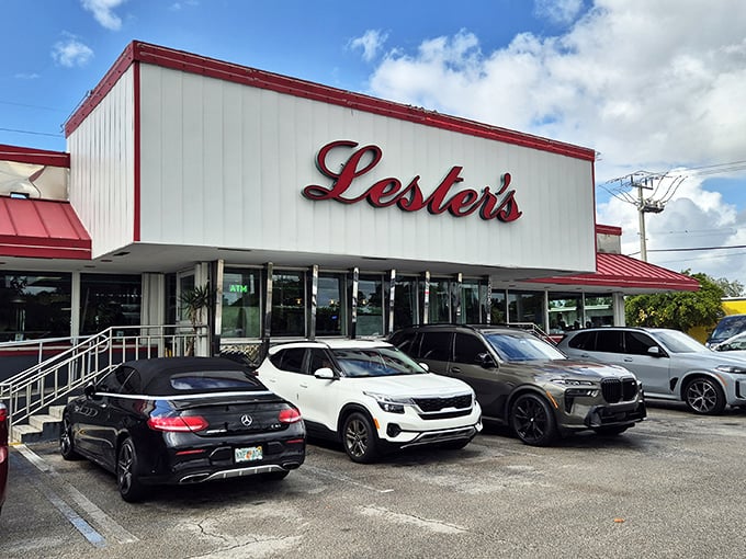 Lester's bold red signage announces itself with the confidence of a diner that knows exactly how to turn breakfast into an event worth getting up for.