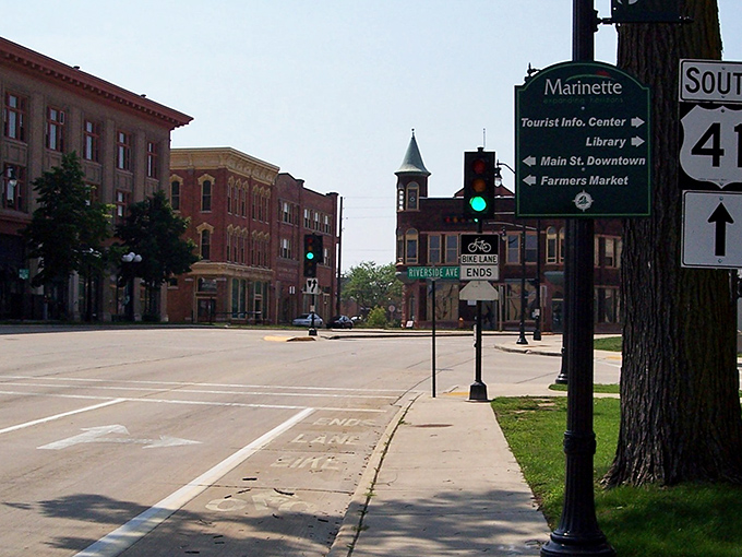 Downtown Marinette welcomes visitors with helpful signs and the promise of small-town discoveries around every corner.