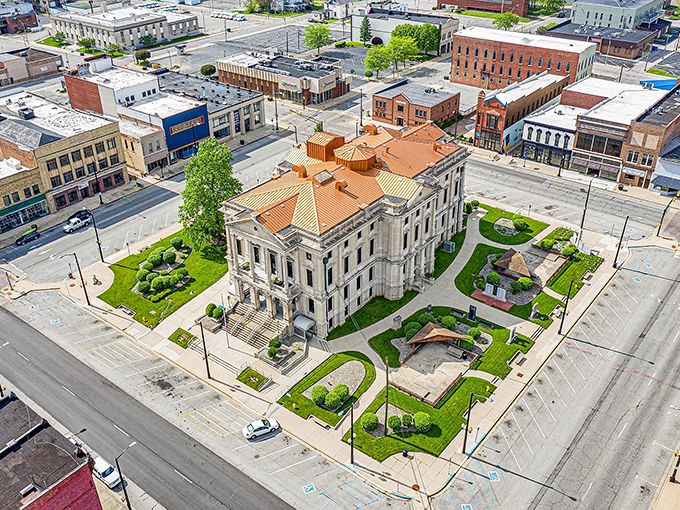 Marion's stately courthouse dominates the skyline, a testament to an era when public buildings were designed to inspire awe.