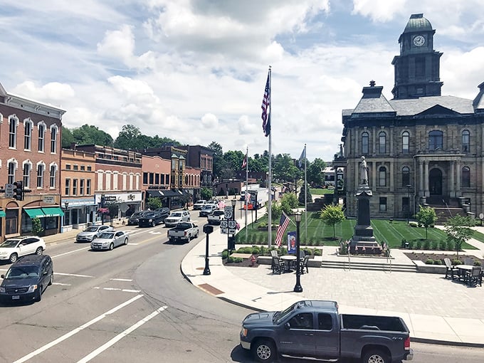 Millersburg's historic courthouse anchors a town square that hasn't surrendered to chain stores or inflated prices&mdash;a victory for small-town America.
