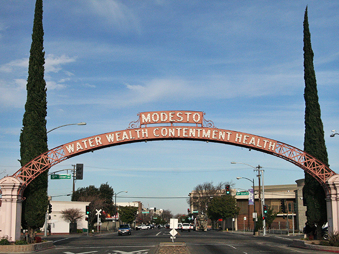 Modesto's famous arch welcomes visitors like a friendly neighbor inviting you over for Sunday dinner and staying forever.
