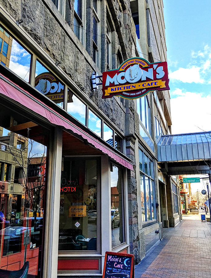 Moon's Kitchen Cafe's vintage sign hangs proudly on historic stone. Downtown Boise's breakfast institution doesn't need fancy frills.