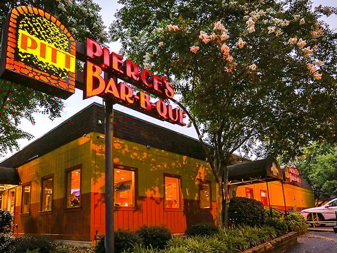 Pierce's vibrant orange building glows like BBQ embers&mdash;a beacon of hope for hungry travelers with sauce on their minds.