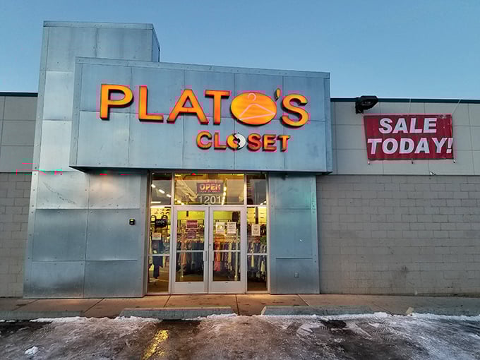 Plato's metallic facade gleams with the promise of trendy finds. The "Sale Today" sign is just the cherry on top!