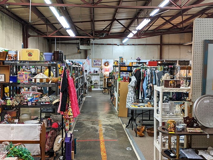 Covered pavilions provide perfect shelter for serious browsing through collections of tools, antiques, and forgotten treasures.