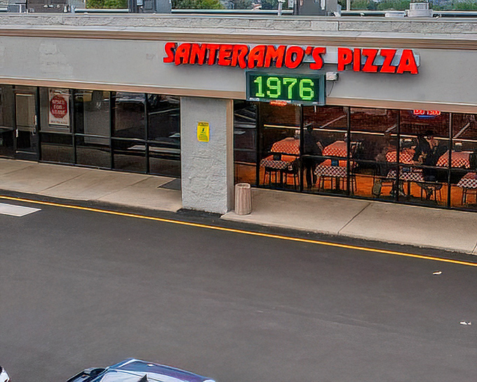 That bold red Santeramo's sign with the glowing green "1976" tells you they've been perfecting pizza while others come and go.