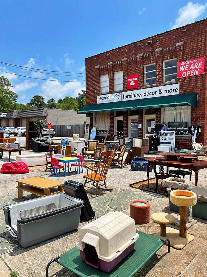Second Life's outdoor display invites passersby to imagine these pieces enjoying a new chapter on their own patio or garden.