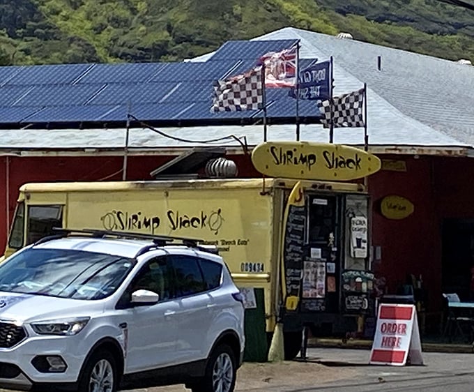 Yellow food truck, red checkered flags&mdash;this roadside shrimp sanctuary looks like a NASCAR pit stop for seafood lovers!