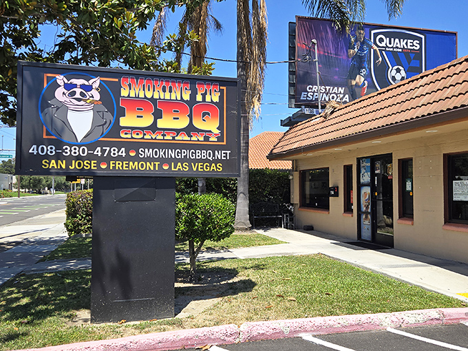 The cheerful pig mascot signals serious barbecue business happening inside this San Jose neighborhood favorite.