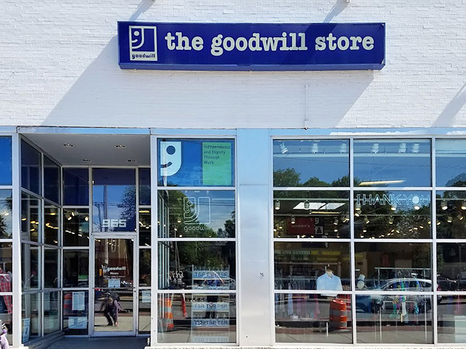 That classic Goodwill blue signals affordable finds ahead &ndash; Commonwealth Avenue's best-kept shopping secret awaits inside.