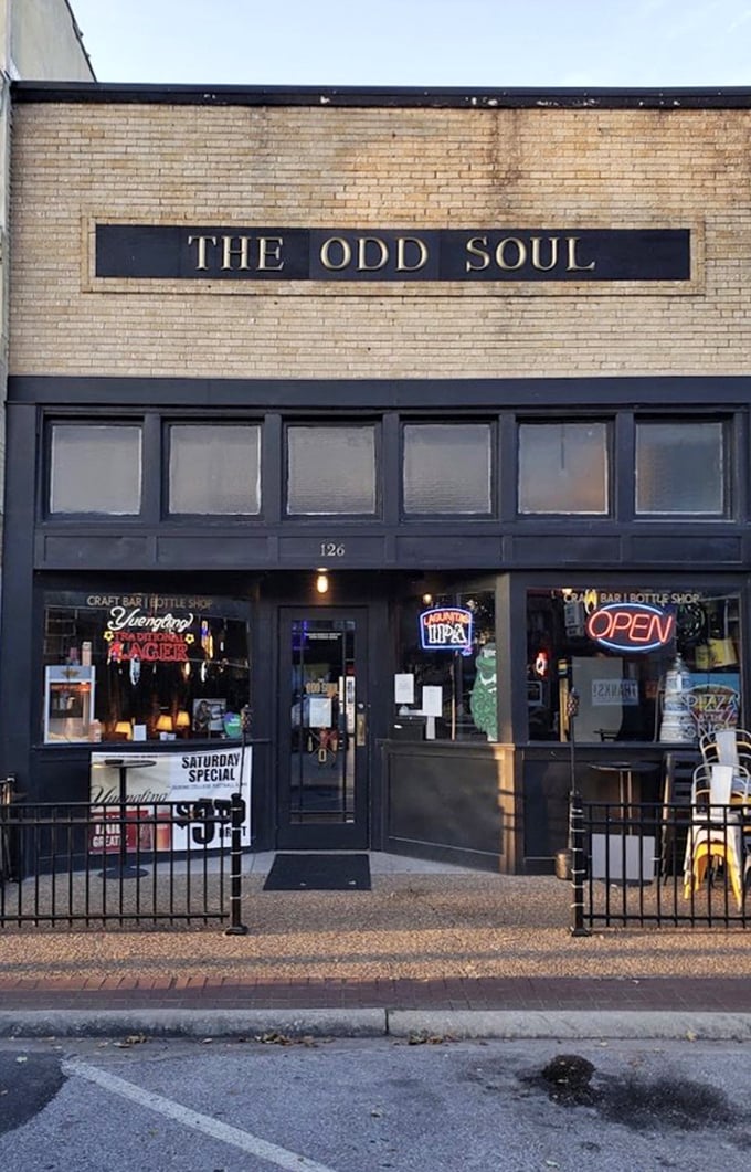 The Odd Soul's vintage brick storefront promises pizza with personality, where every bite tells a different delicious story.