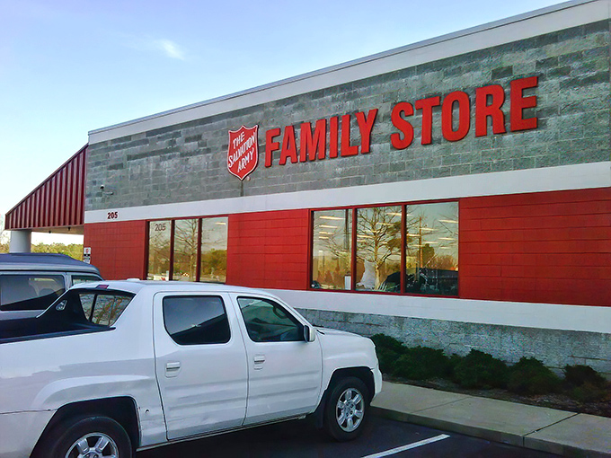 The Salvation Army's modern storefront breaks all thrift store stereotypes with its sleek design and inviting red accents.