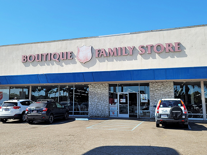 The Salvation Army's cheerful storefront beckons with promises of incredible deals hiding behind those glass doors. 
