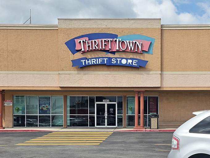 Thrift Town's cheerful signage beckons bargain hunters like a lighthouse guiding ships to treasure-filled shores.