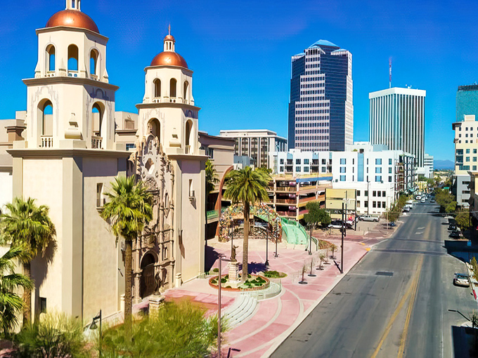 Tucson's St. Augustine Cathedral stands as a stunning example of Spanish Colonial architecture. Those twin towers reach for that famous blue sky!