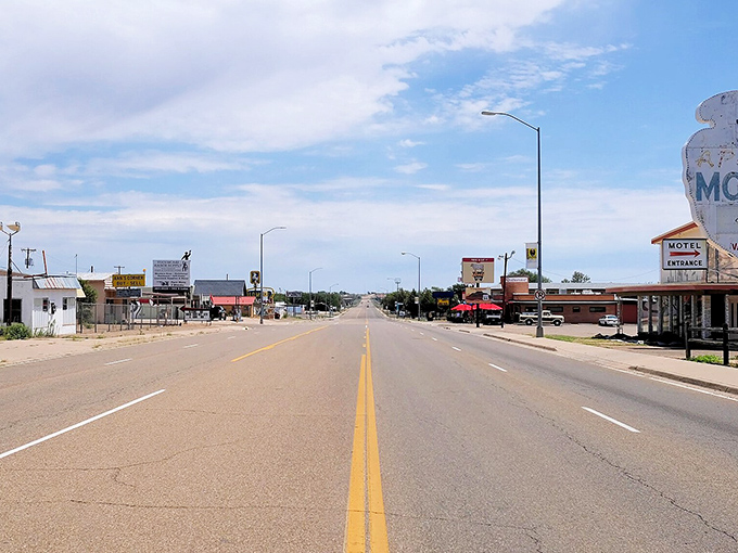 Classic motels and curio shops line Tucumcari's historic highway, preserving America's golden age of road trip adventures.