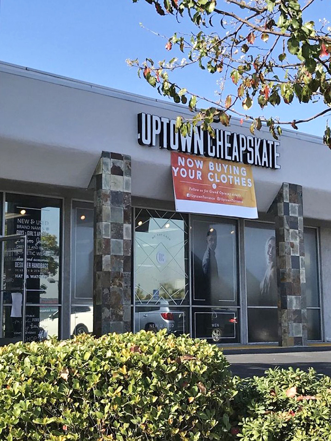 Uptown Cheapskate brings a touch of retail chic to the thrift world, its modern storefront promising fashion-forward finds.