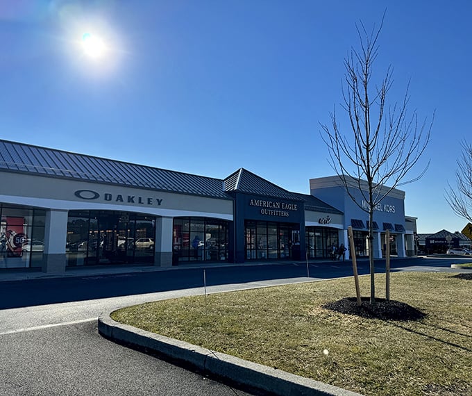Covered walkways and bright colors make Tanger Outlets Hershey a shopper's paradise, rain or shine.