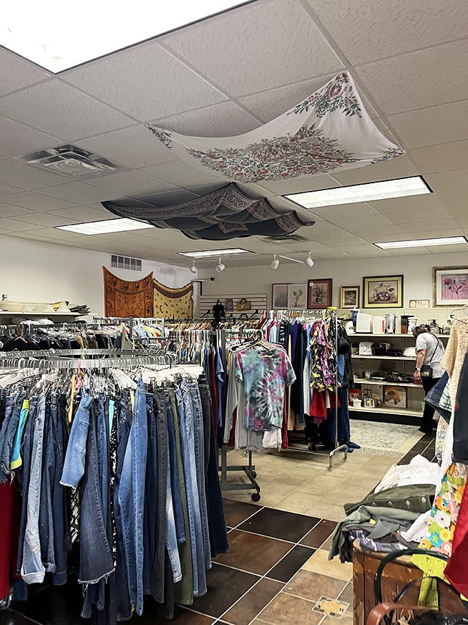 Colorful fabrics and carefully arranged displays transform this simple space into a bargain hunter's dream destination.