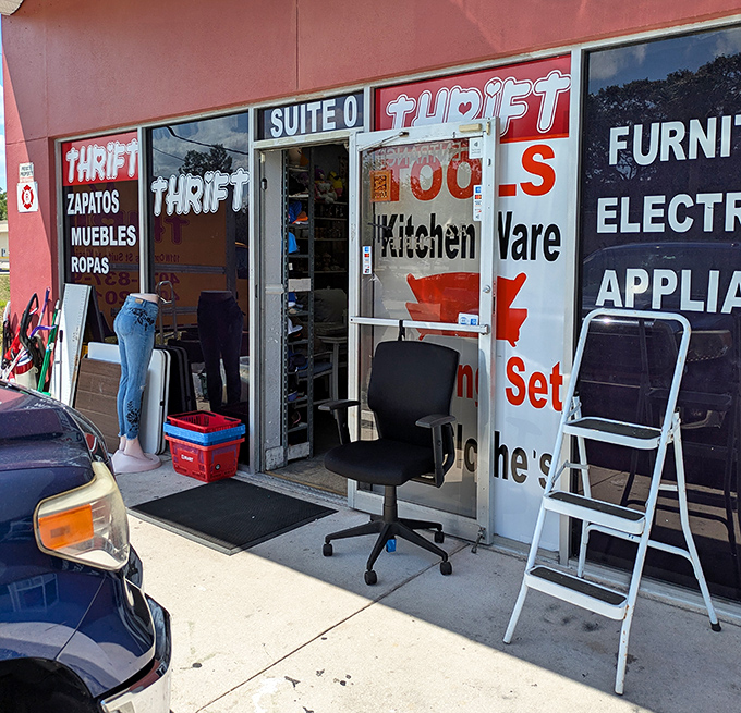 From kitchen tools to office chairs, the eclectic display outside hints at the bargain bonanza waiting inside.