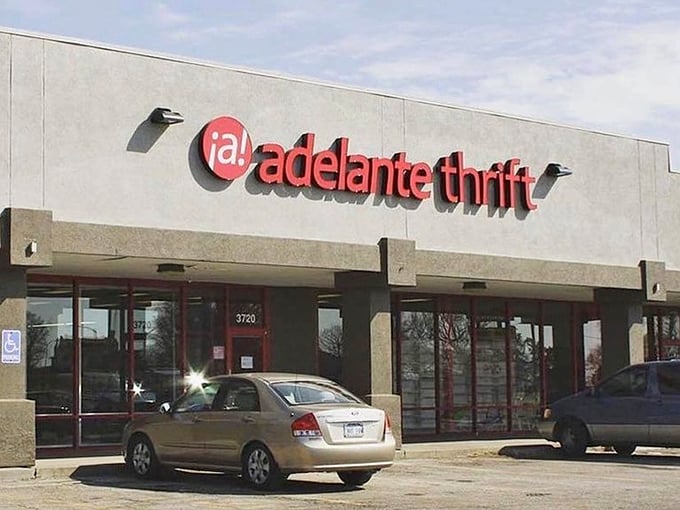 Morning sunlight plays across Adelante's windows like spotlight on a stage, promising bilingual bargain adventures inside this Kansas City gem.