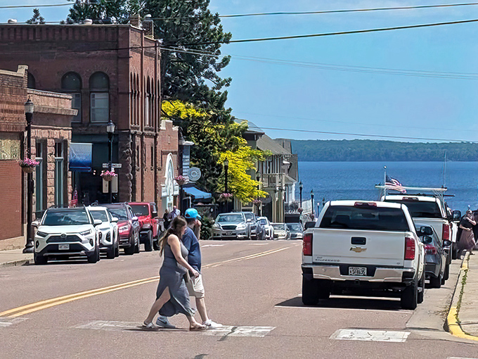 The brick buildings of Bayfield's waterfront district stand as colorful sentinels overlooking the vast blue expanse of Lake Superior.