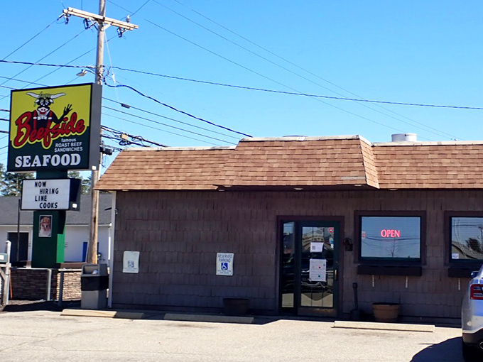 That vintage sign with the cartoon bull says it all - unpretentious, cheerful, and promising meaty delights that keep locals coming back.