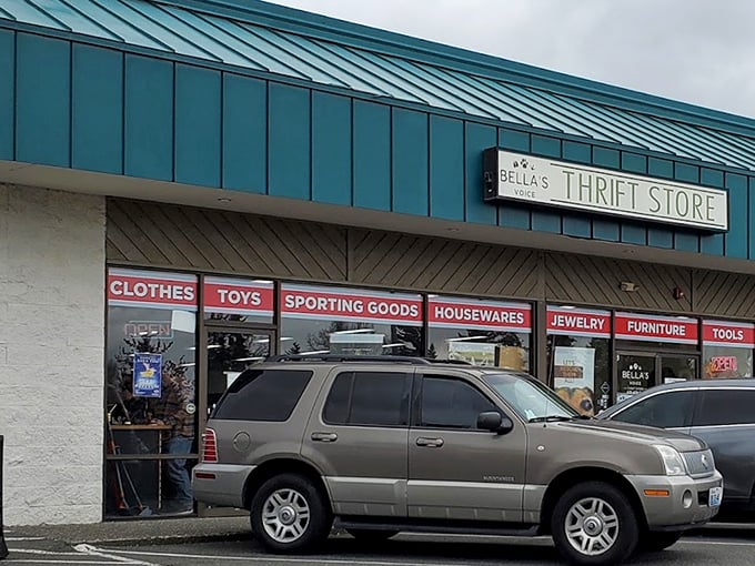 Window displays at Bella's Voice showcase everything from sporting goods to housewares. One glance tells you this isn't your average thrift experience.