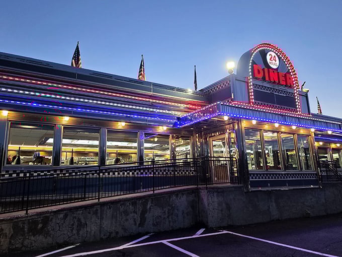 When Blue Colony lights up at dusk, it transforms from diner to electric-blue wonderland&mdash;Edward Hopper would approve.