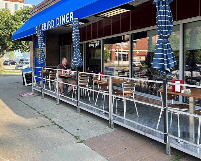 Patio dining at the Bluebird &ndash; where breakfast tastes better with a side of fresh air.