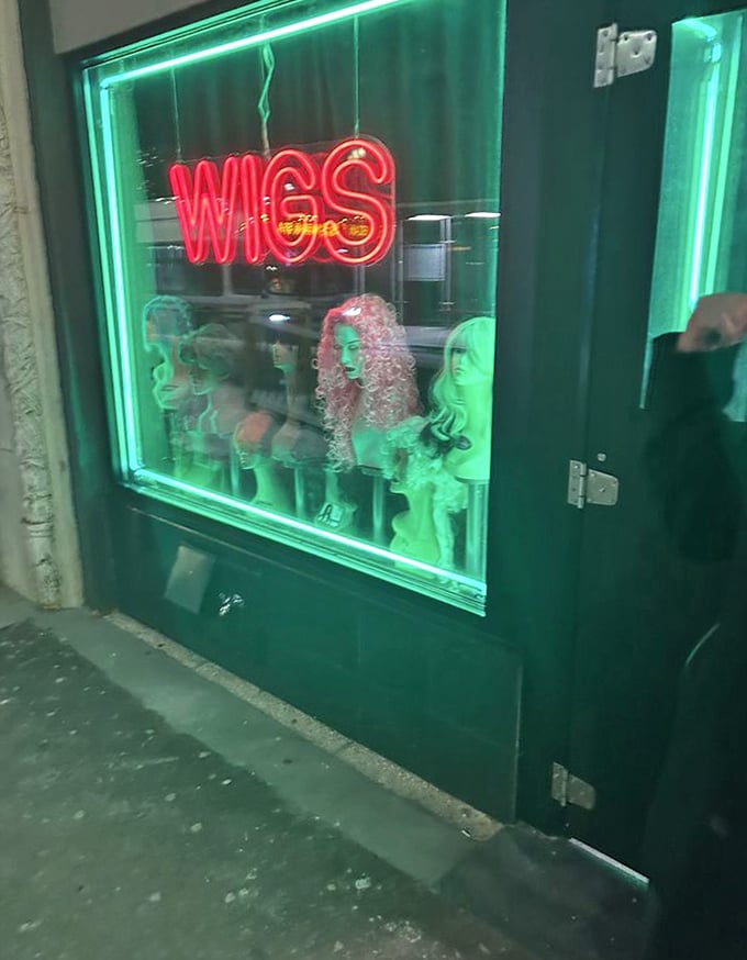 The green glow and vintage mannequins guard the entrance to steak nirvana. Boston's best-kept carnivorous secret!