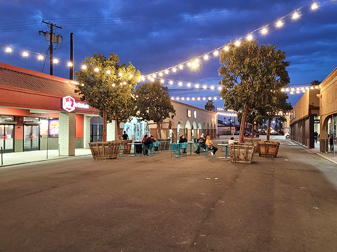 String lights transform Calexico's evening streets into magical gathering spaces where community happens naturally.