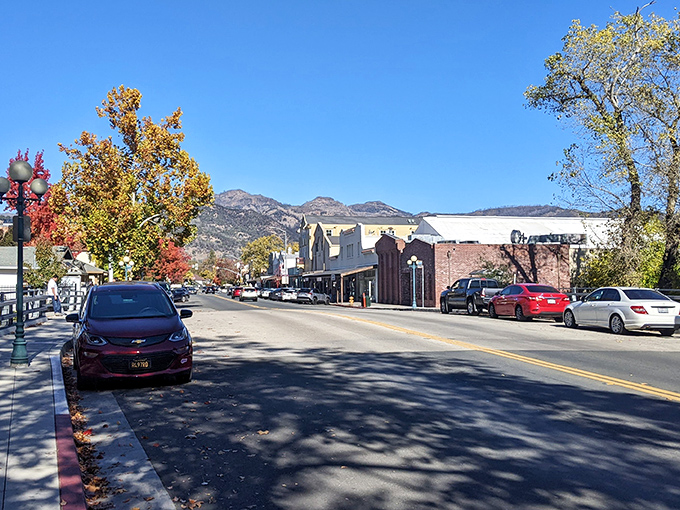 Calistoga&rsquo;s main street blends wine country charm with Old West character, where weathered facades meet mountain views under endless blue skies.