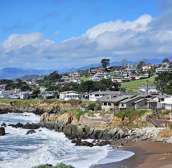 Cambria's homes cling to the coastline like they're afraid the views might escape, while waves crash below in a never-ending applause.