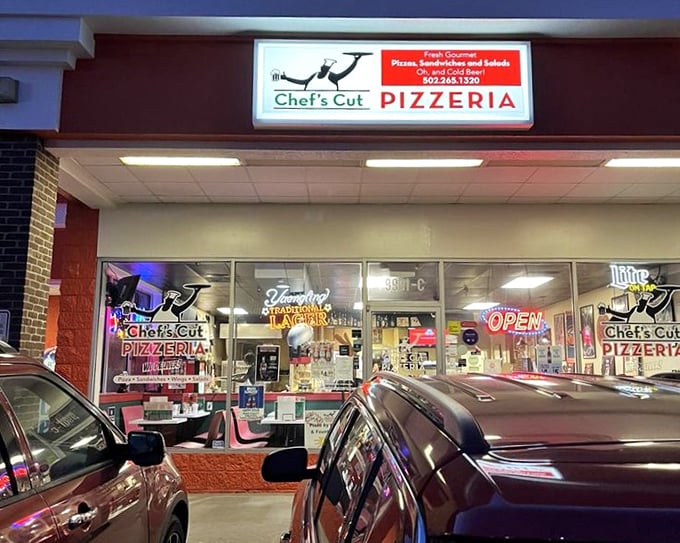 Night or day, that glowing "OPEN" sign at Chef's Cut is like a pizza bat-signal calling hungry heroes to dinner.