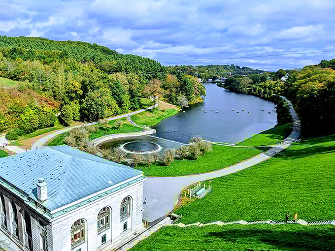 The serene waterway beside Clinton's historic mill buildings offers million-dollar views at Social Security-friendly prices.