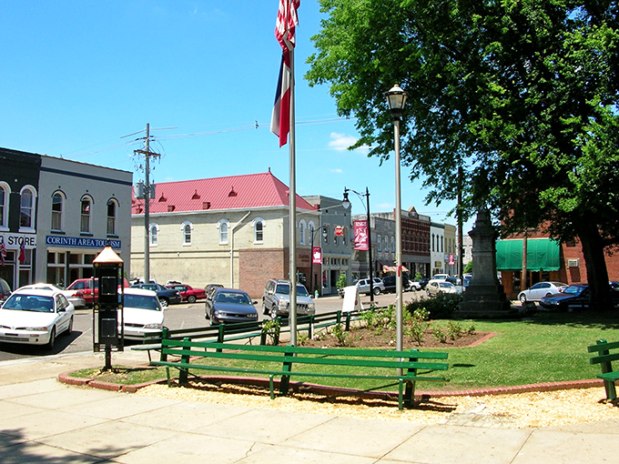 The heart of Corinth features inviting green spaces and benches perfect for watching the world go by at a delightfully slow pace.