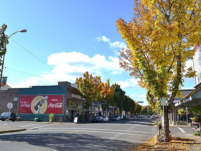 Fall colors frame Cottage Grove's main street, where vintage Coca-Cola signs remind us that the simple pleasures remain the most affordable.