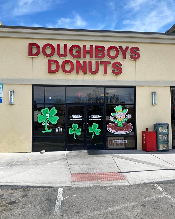 Feeling lucky? DoughBoys' leprechaun mascot riding a donut proves that in Reno, every day is your lucky day when frosted treats are involved!