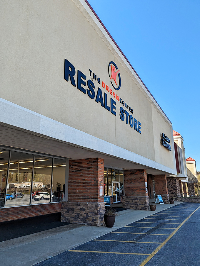 Bold signage announces this bargain paradise where shopping and supporting the community go hand in hand.