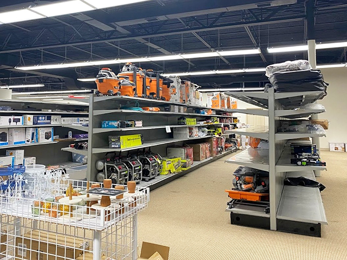Rows of tools and household items neatly arranged like a treasure hunt with signposts. Someone's castoffs become another's perfect find!