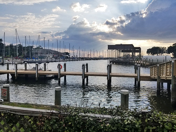 Fairhope's marina sparkles at sunset, where every evening feels like a postcard from paradise.