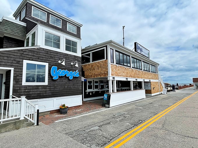 The blue sign promises seafood delights, while the cedar shingles whisper tales of countless seaside memories made here.