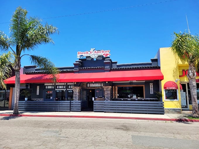 Sunny California skies and Hook & Anchor's bold red awning &ndash; a perfect backdrop for the seafood daydream you're about to experience.
