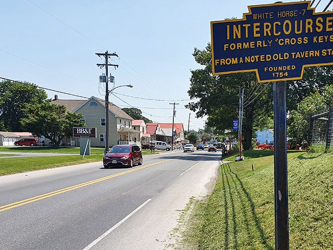 The iconic Intercourse town sign welcomes visitors with perhaps the most photographed&mdash;and giggled at&mdash;place name in America.